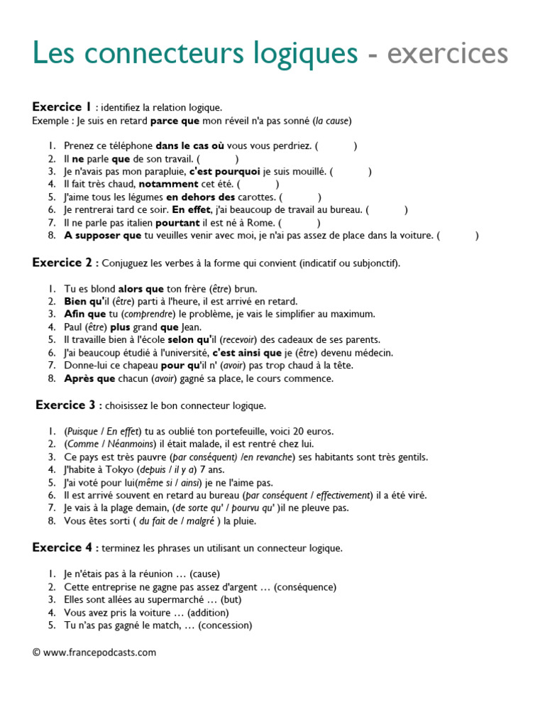 Les Connecteurs Logiques Exercices Francepodcast | PDF