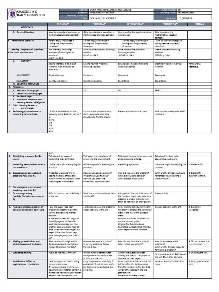 DLL Mathematics-3 Q1 W7 | PDF | Learning | Cognitive Science