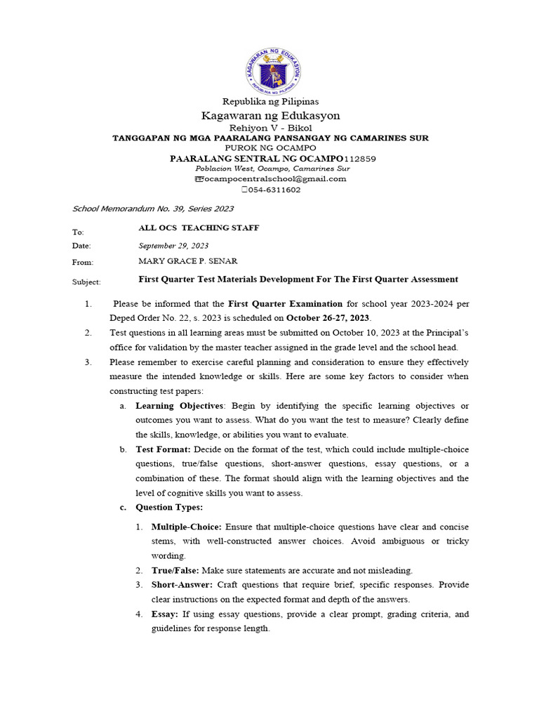 First Quarter Test Materials Guide | PDF | Multiple Choice ...