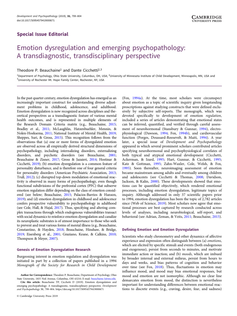 Emotion Dysregulation and Emerging Psychopathology | PDF