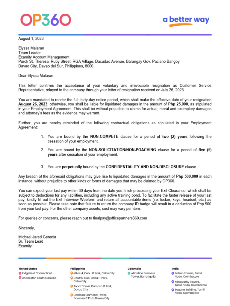 Acknowledgement of Resignation Letter - Elyssa Malaran | PDF