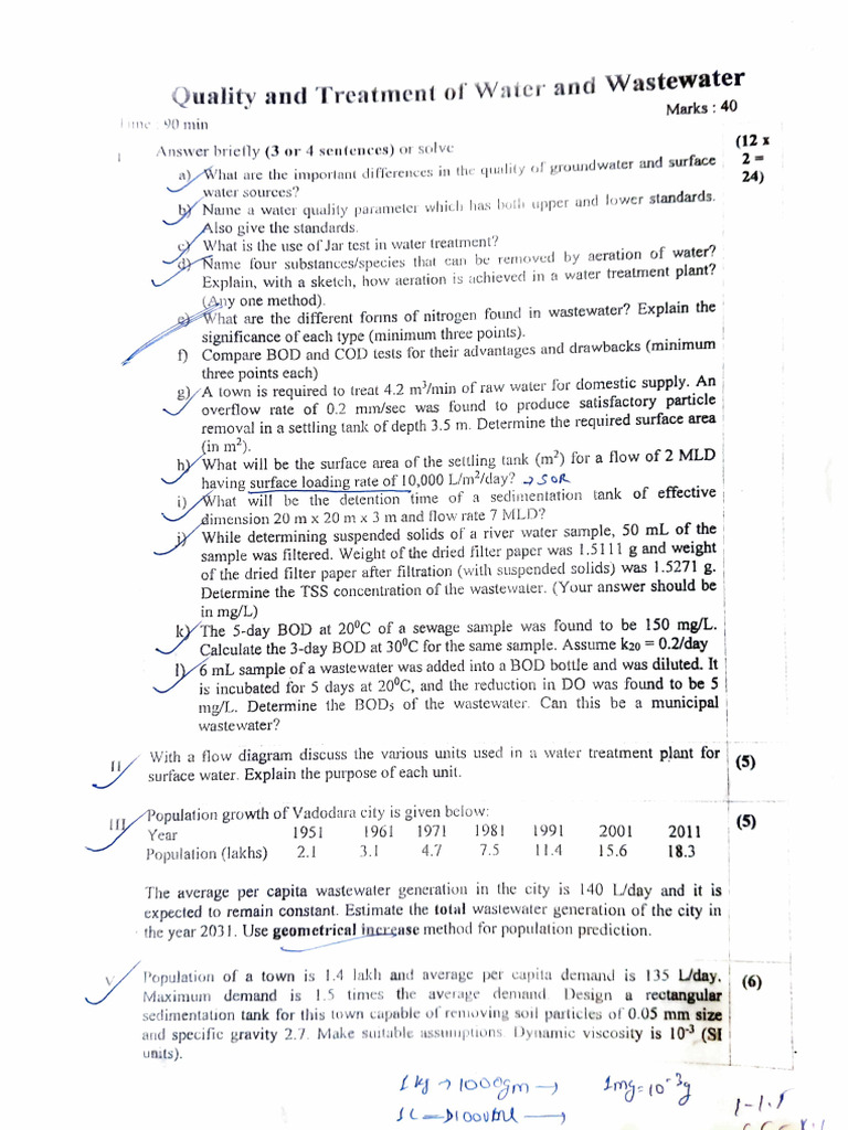 Quality and Treatment of Waier and Wastewater: Answer Briefly (3 or 4 ...