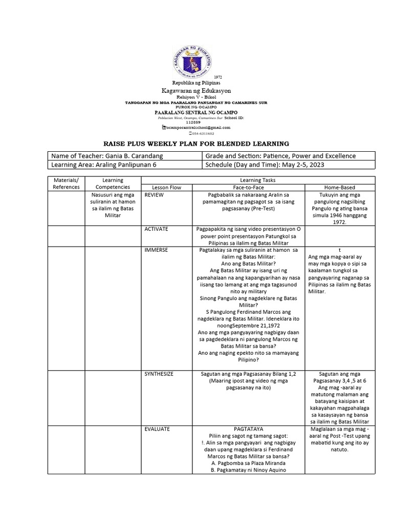 Lesson Plan Project Raise 4Q AP6 Week 1 | PDF