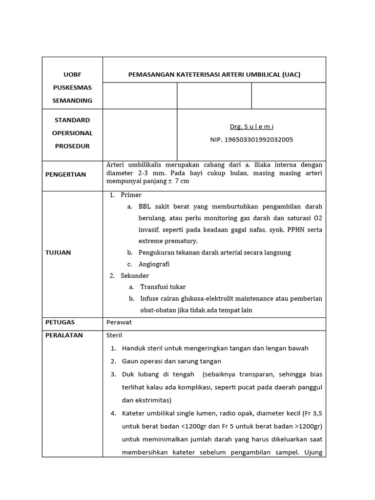 Sop Pemasangan Kateterisasi Arteri Umbilical (Uac) | PDF