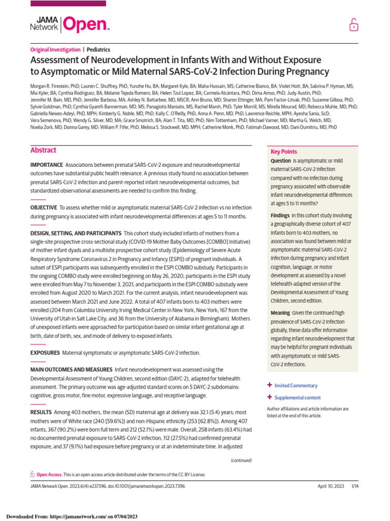 Assessment of Neurodevelopment in Infants With and Without Exposure To Asymptomatic or Mild ...