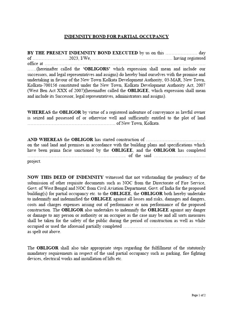 Format Indemnity Bond For Partial Occupancy NKDA | PDF