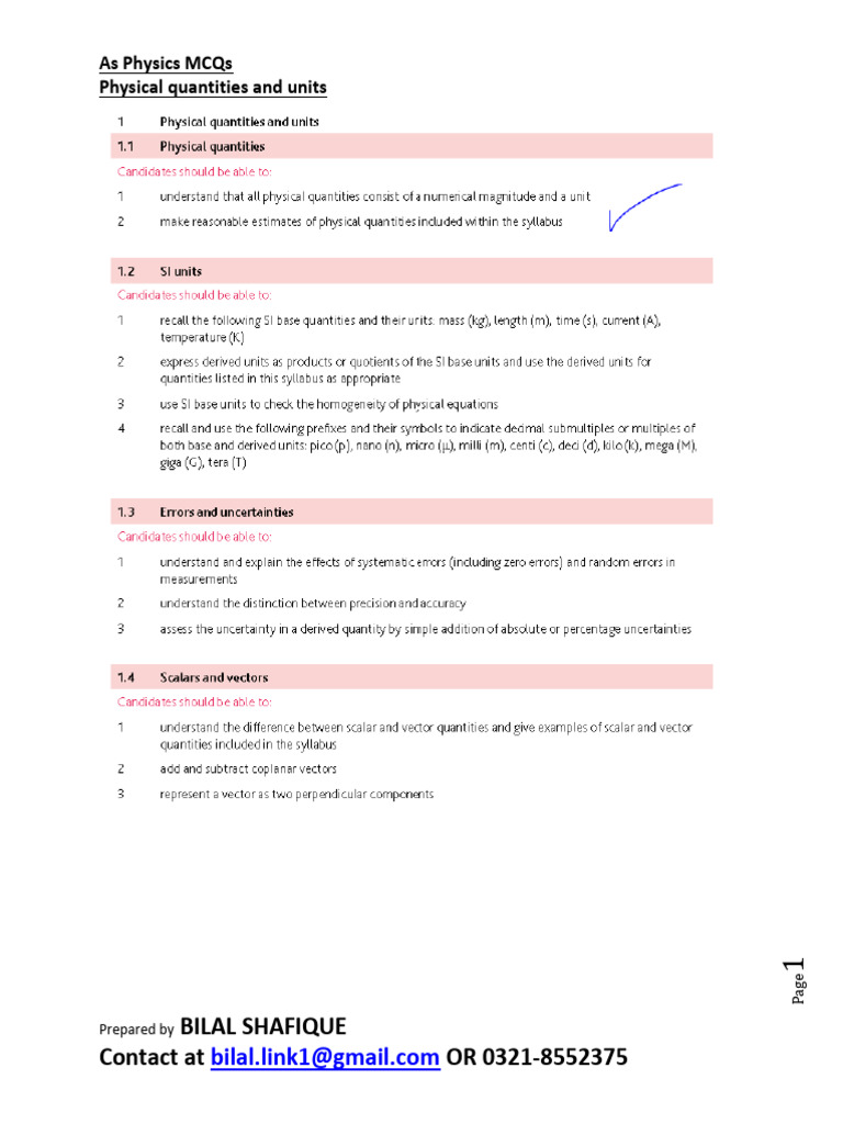 Physics MCQs on Quantities and Units | PDF