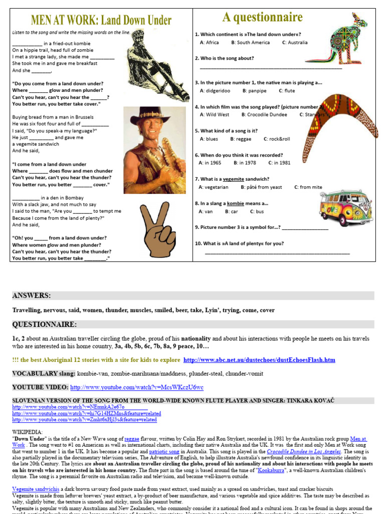 Australia Song Land Down Under Activities With Music Songs Nursery ...