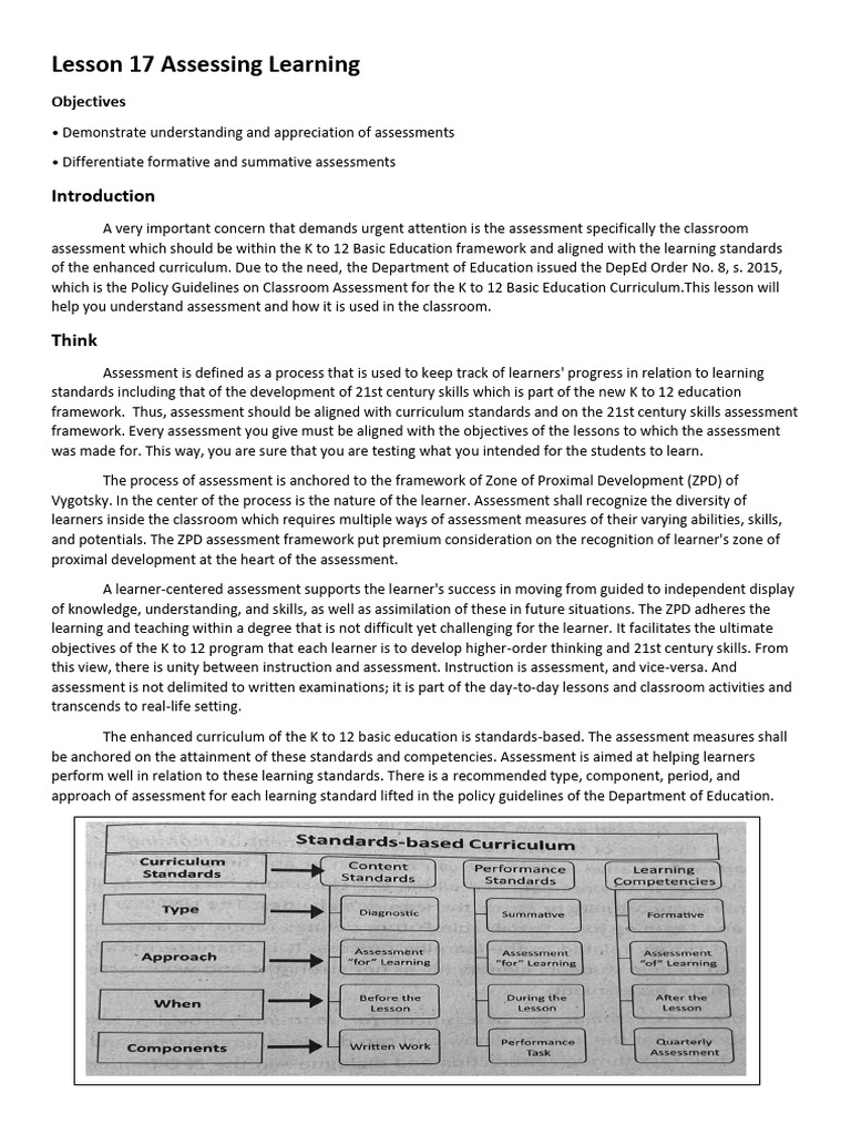 Lesson 17 Assessing Learning Pdf Educational Assessment Learning