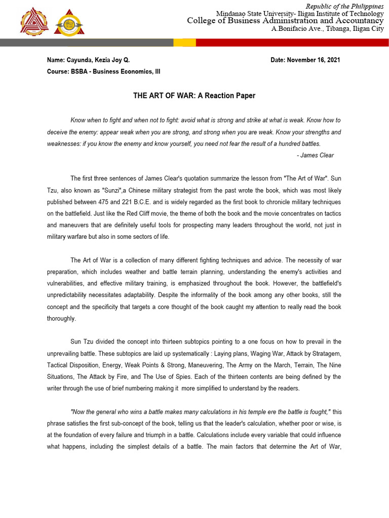 Reaction to The Art of War Insights | PDF | Politics | History