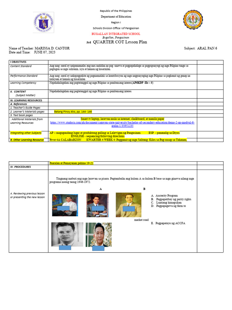 COT1 FILIPINO DLP 3rd Quarter | PDF