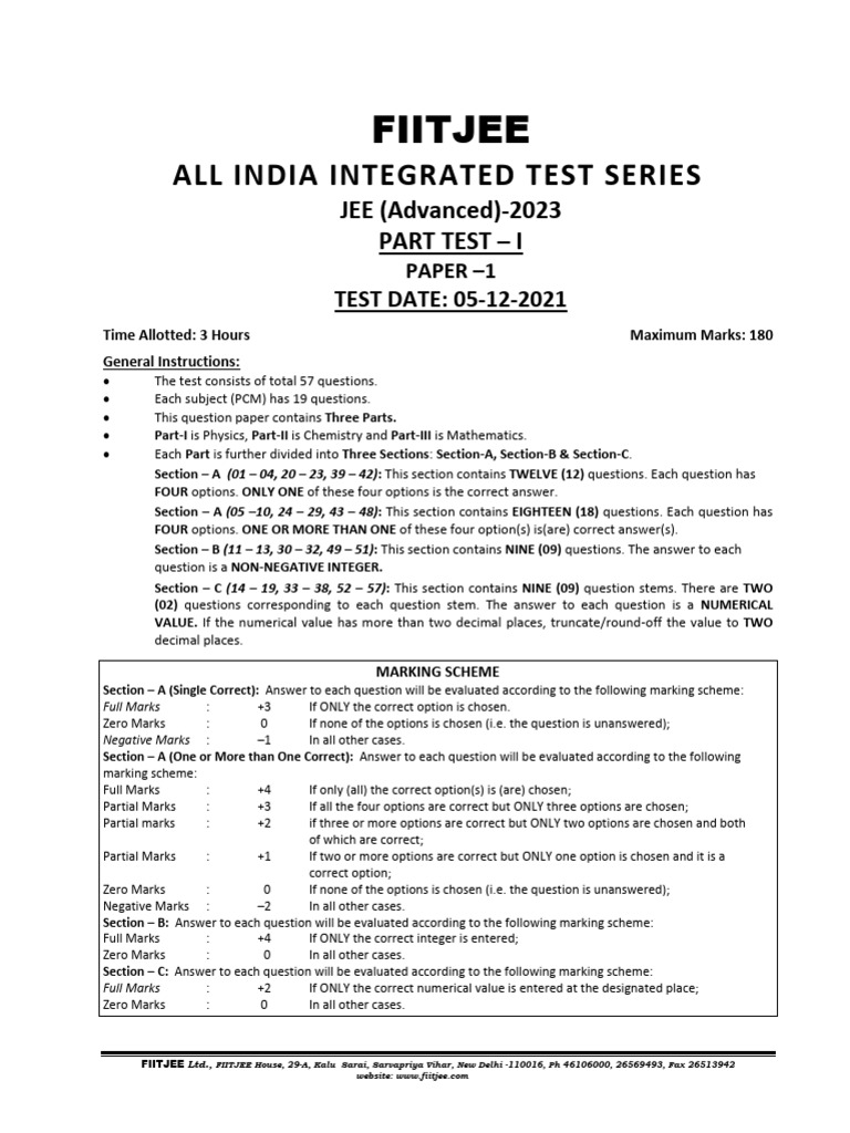 Aiits 2123 PT I Jeea Paper 1 | PDF
