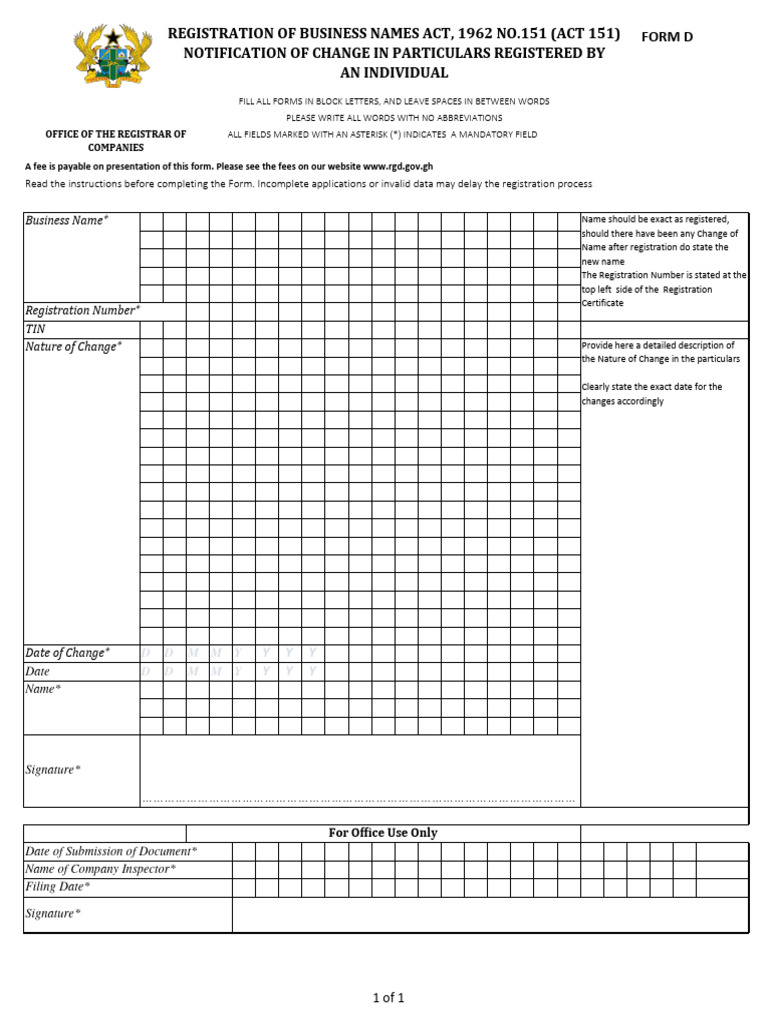 FORM D Change of Particulars | PDF