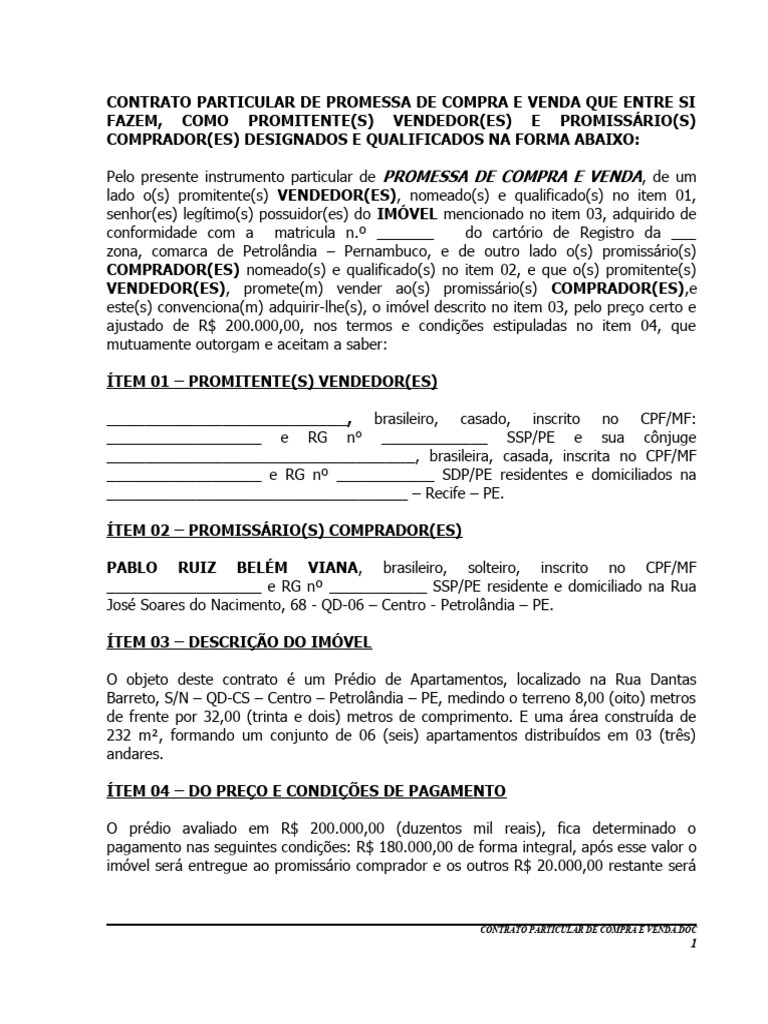Contrato de Promessa de Compra e Venda de Imovel | PDF | Economias ...