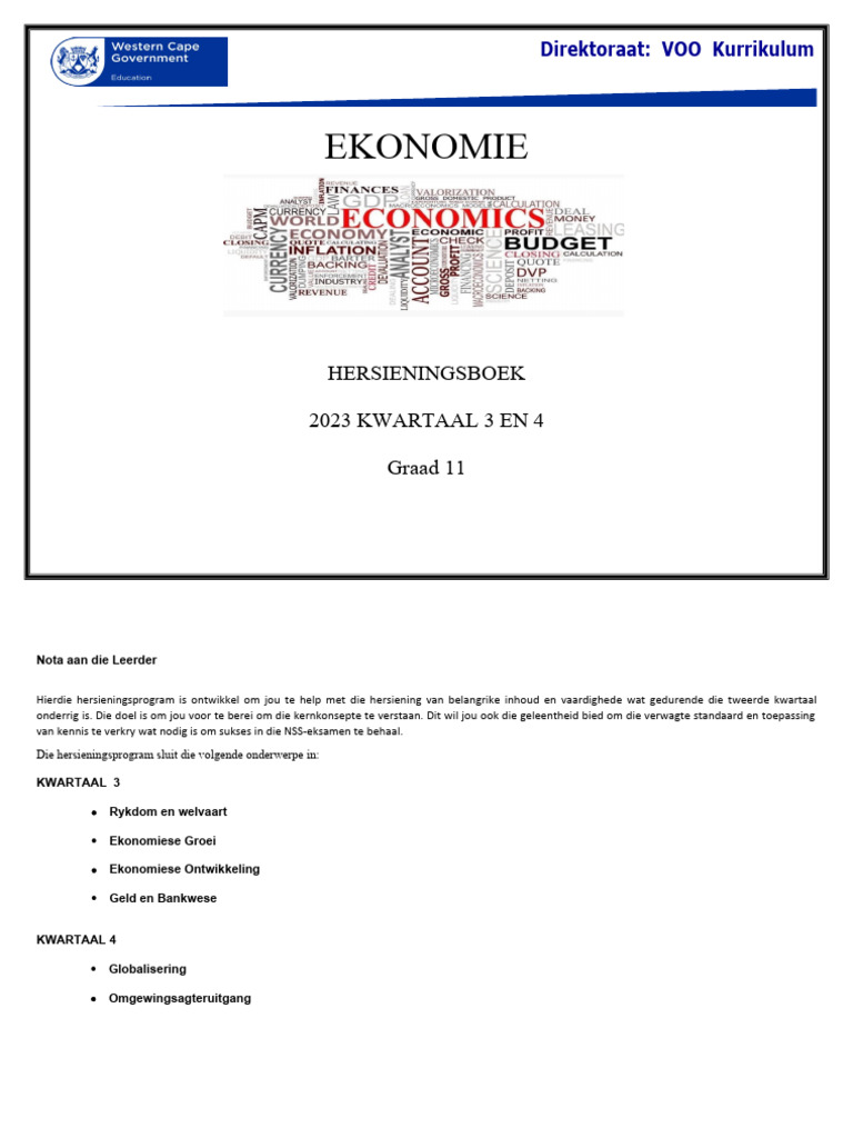 Ekonomie Graad 11 Hersieningsmateriaal Kwartaal 3 en 4 - 2023 | PDF