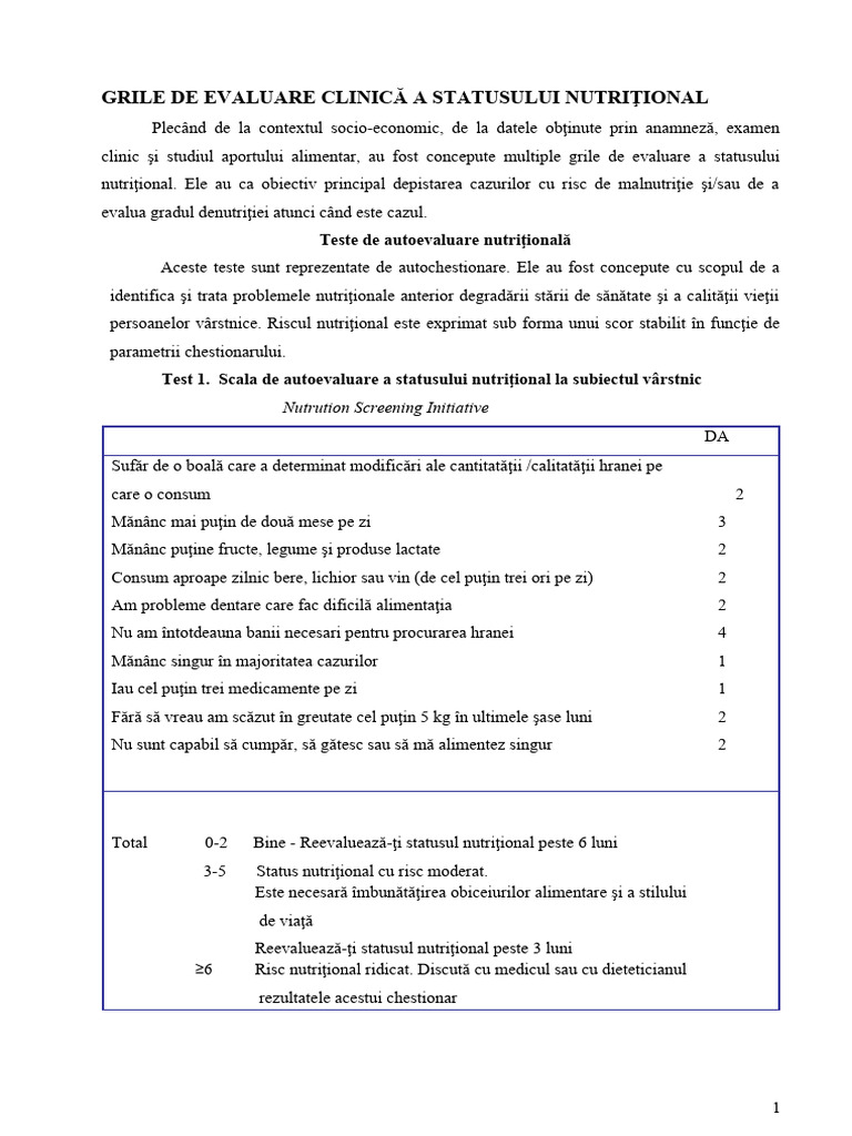 Grile de Evaluare Clinică A Statusului Nutriţional | PDF