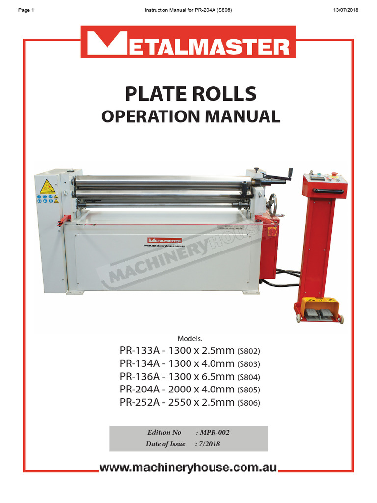 Metalmaster PR-133A 134A 136A 204A 252A Plate Rolls Operation Manual EN | PDF | Screw | Switch
