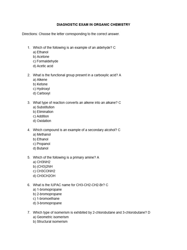 Diagnostic Exam In Organic Chemistry Pdf Alkene Aldehyde