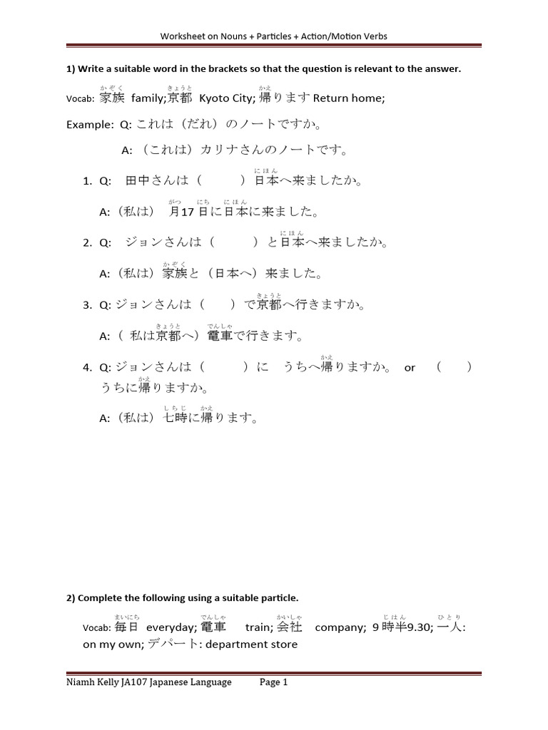 Noun + Particle Worksheet | PDF