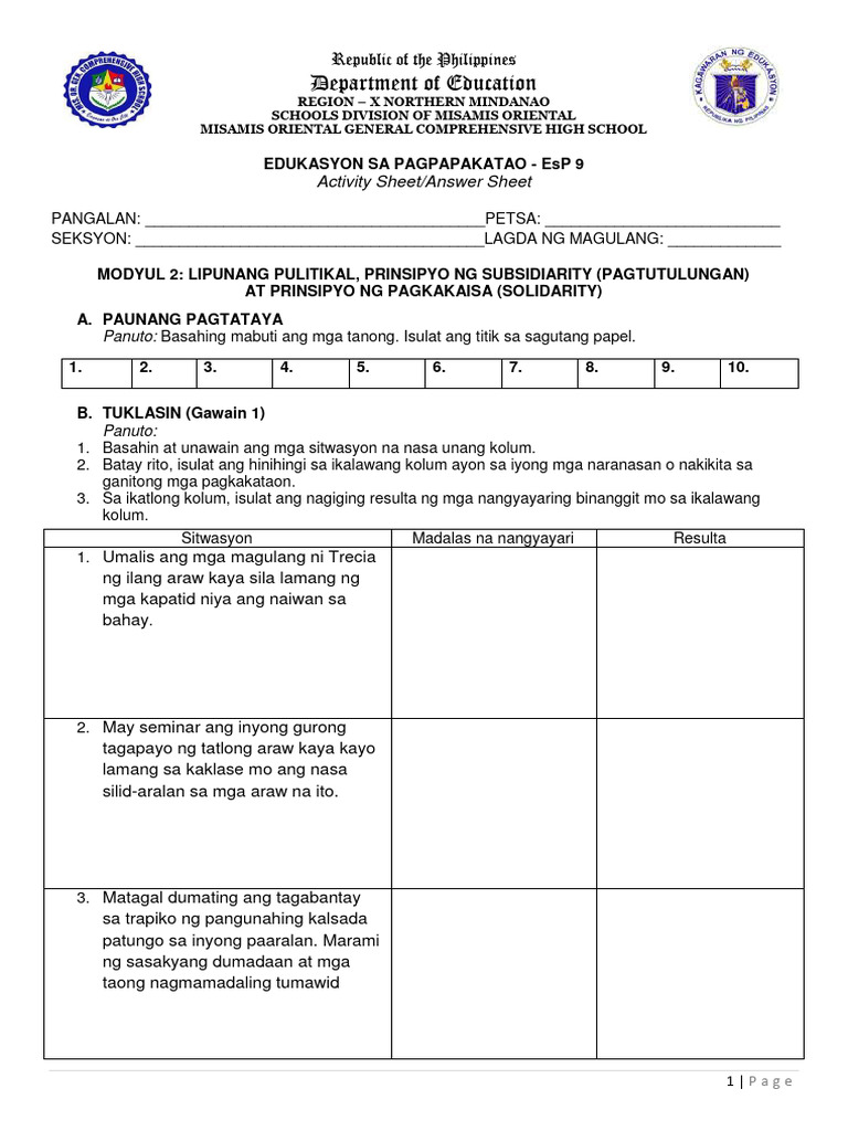 EsP 9 Modyul 2 Answer Sheet | PDF