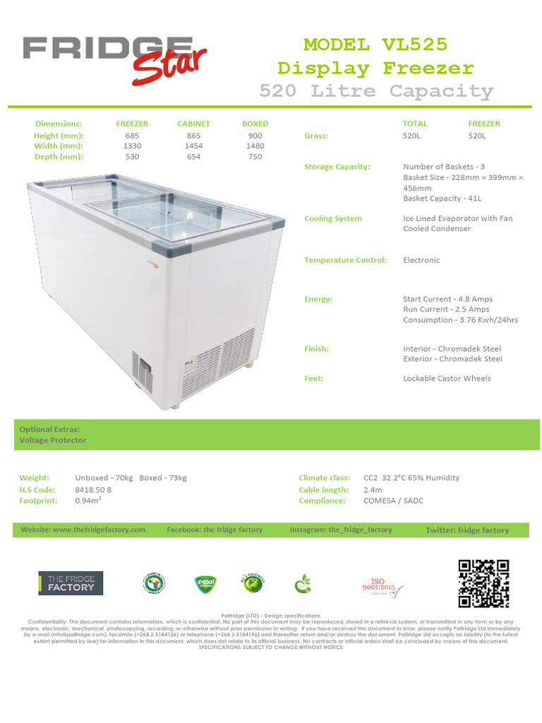 Fridge Star VL525 Glass Top Freezer Specification Sheet | PDF