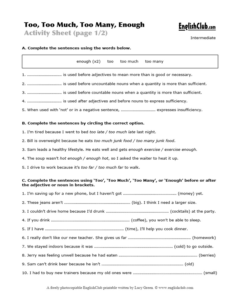 Too, Too Much, Many, Enough | PDF | Noun | Adjective