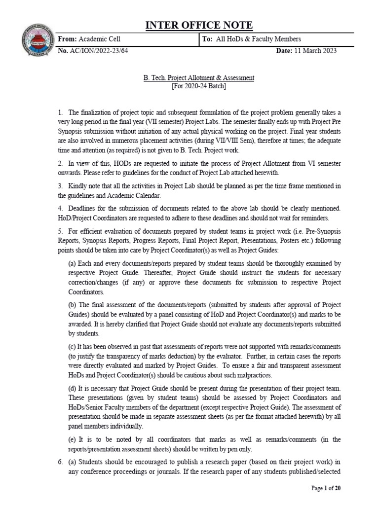 64 - ION - March 2023 - Guidelines For Project Allotment & Assessment During VI & VII Semester | PDF