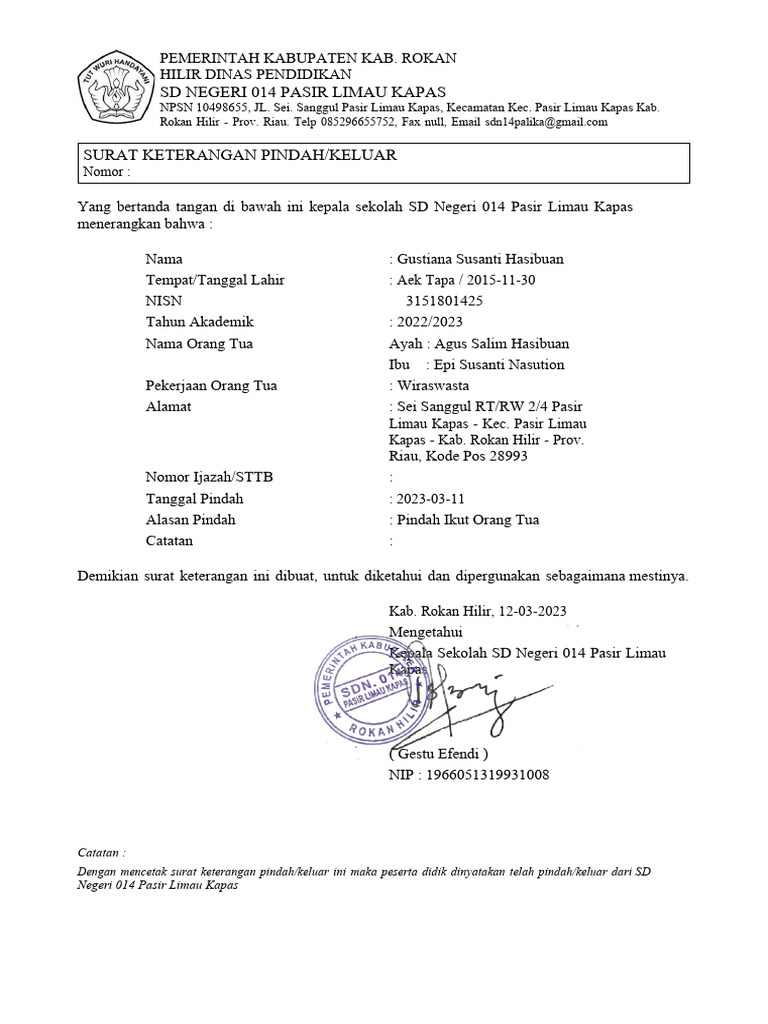 SURAT PINDAH DAPODIK GUSTIANA SUSANTI HASIBUAN Cap Dan TTD | PDF