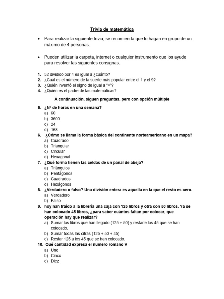 Trivia de Matemáticas: Preguntas y Respuestas | PDF | Métodos y ...