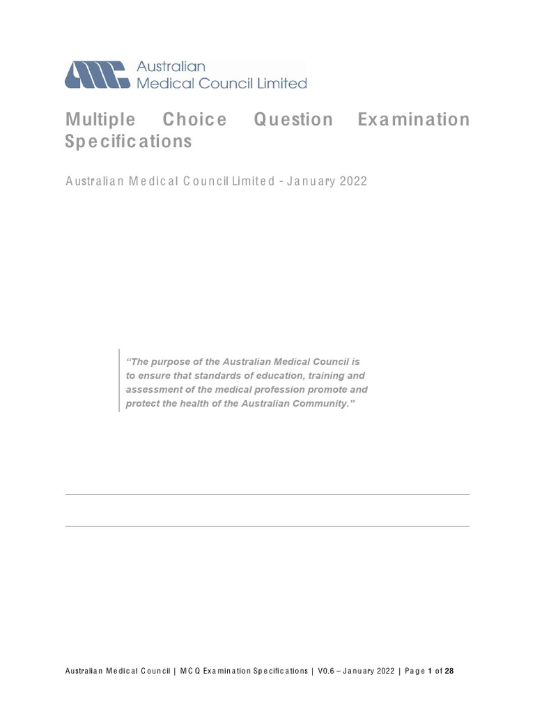 AMC MCQ Examination Specifications | PDF | Physical Examination | Medicine