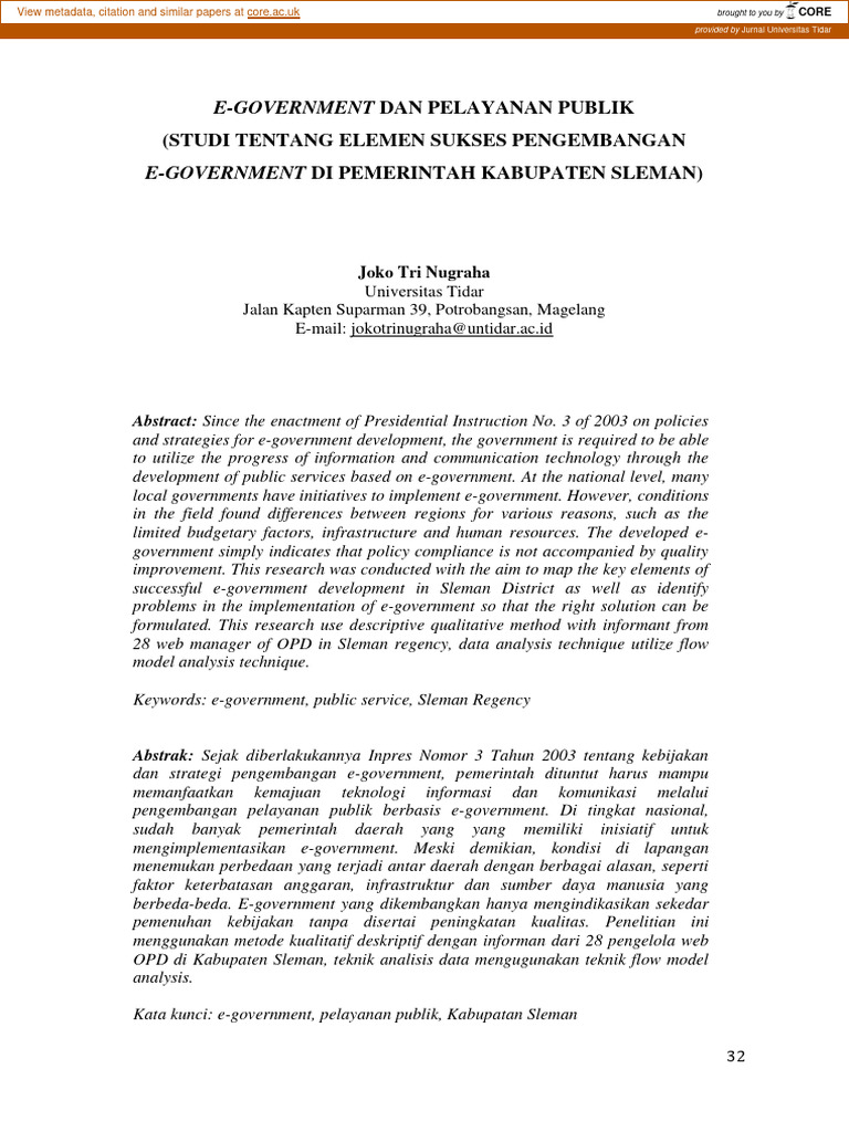 (Studi Tentang Elemen Sukses Pengembangan: E-Government Dan Pelayanan Publik | PDF