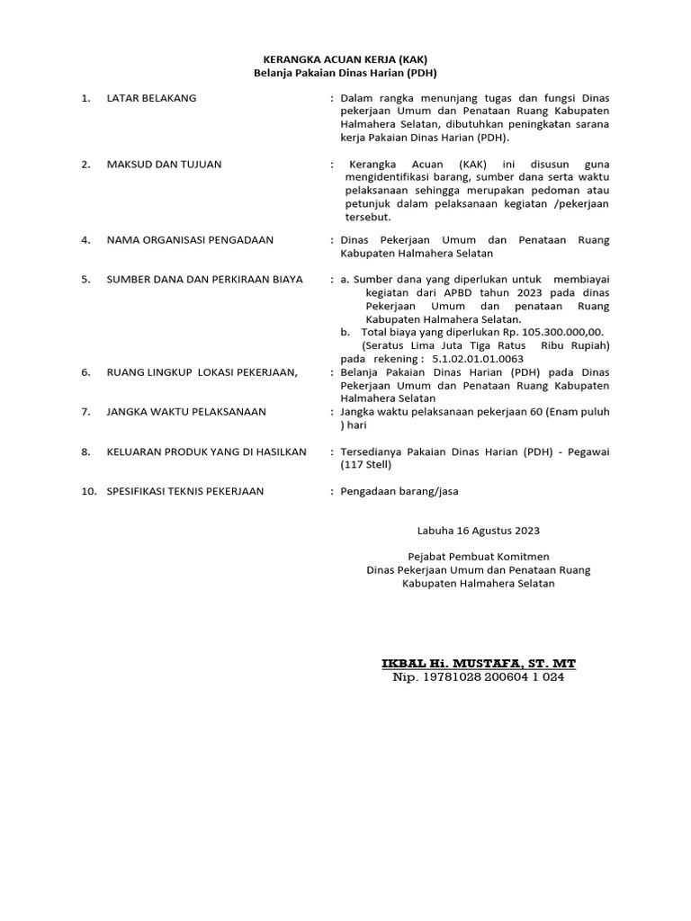 KAK Pengadaan Pakaian PDH | PDF