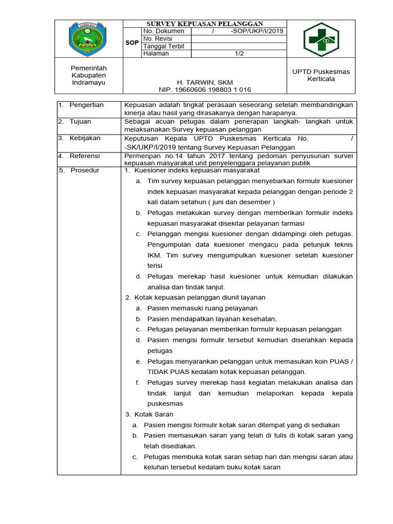 SOP Survey Kepuasan Pelanggan Puskesmas | PDF | Pengelolaan Keuangan & Uang
