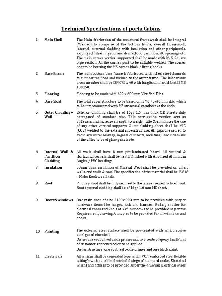 Porta Cabin Technical Specifications | PDF | Framing (Construction) | Wall
