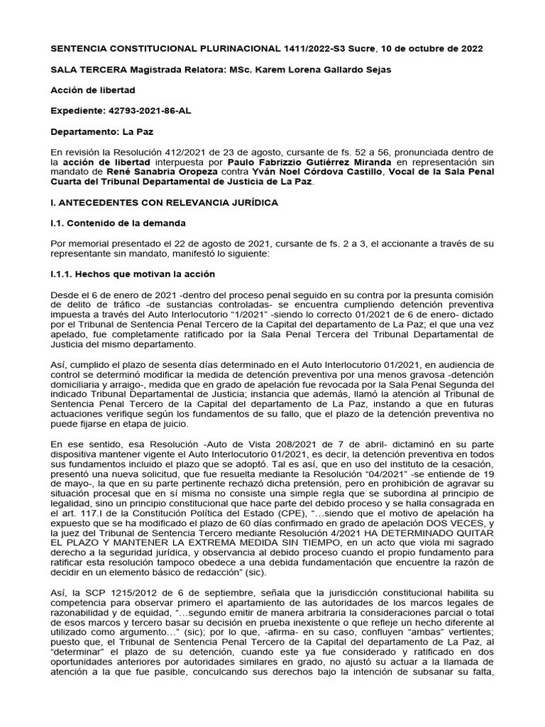 SCP 1411-2022 y Otras Sobre La Detencion Preventiva en Juicio y Presentacion de Acusacion Formal ...