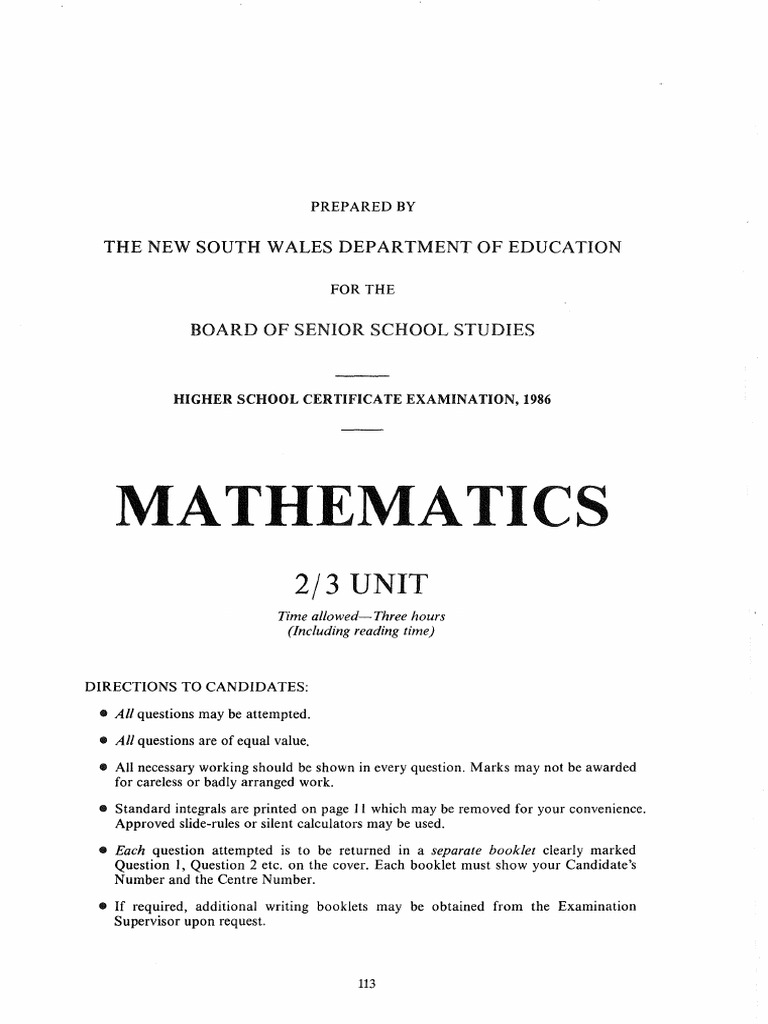 HSC Mathematics Exam 1986 | PDF