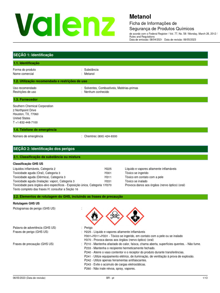 Valenz Methanol BR-PT SDS - 06-05-2023 | PDF