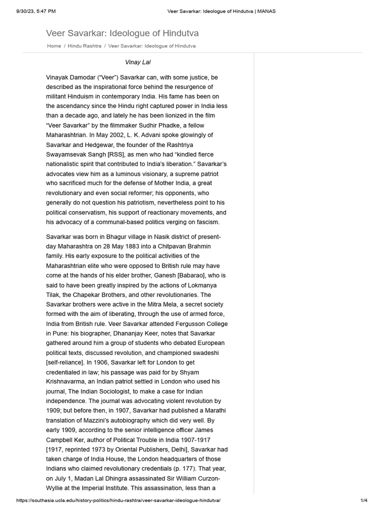 Veer Savarkar - Ideologue of Hindutva - MANAS | PDF