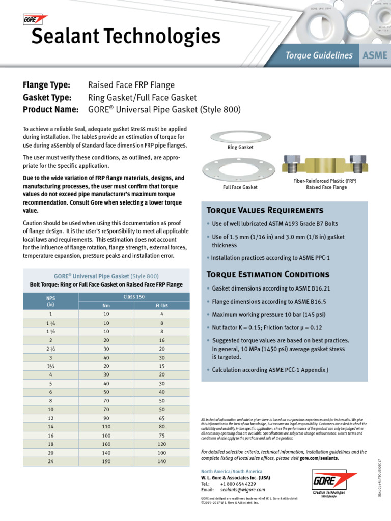 GORE Torque Table ASME Raised FRP Ring FullFace UPG Dec2017 | Download ...