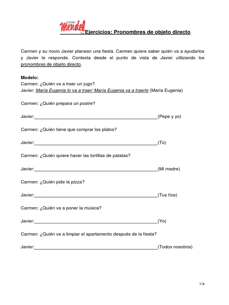 Ejercicios de pronombres directos e indirectos | PDF | Objeto (gramática)