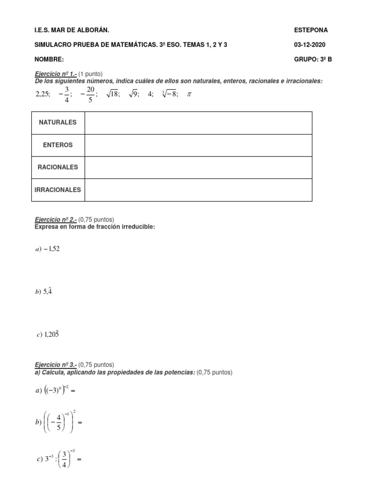 Simulacro Prueba Temas 1-2 y 3 - 3º Eso-B | PDF