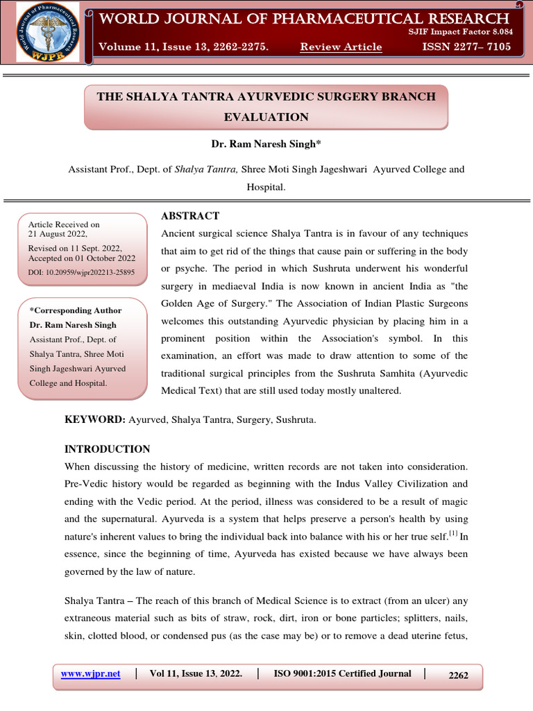 The Shalya Tantra Ayurvedic Surgery Branch Evaluation: Dr. Ram Naresh ...
