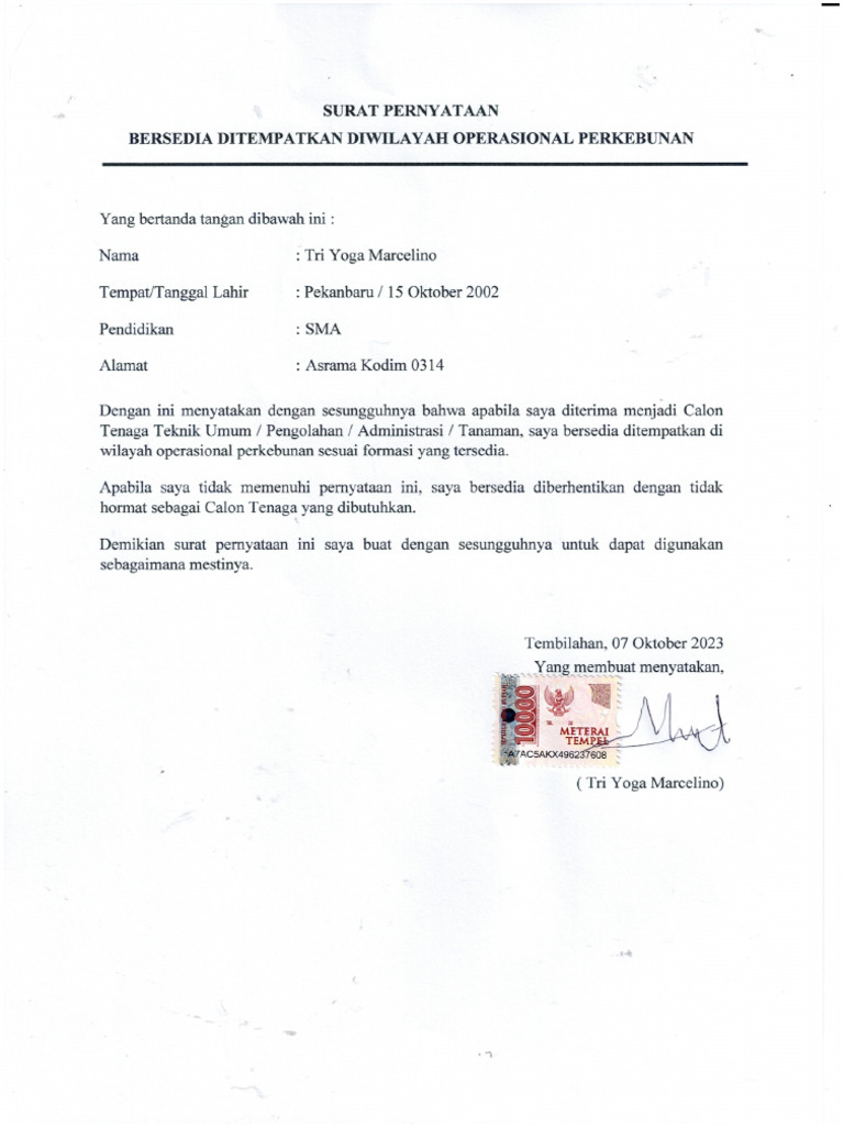 Scan Surat Pernyataan Bersedia Ditempatkan Di Seluruh Wilayah ...