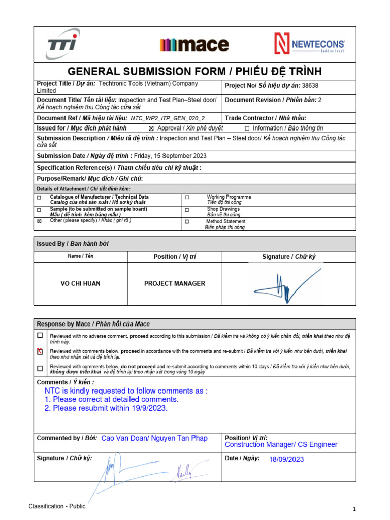 NTC - WP2 - ITP - GEN - 020 - 2 - ITP For Steel Door-Status B | PDF
