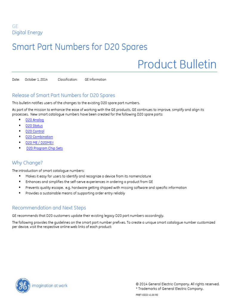 Release of D20 Spares Smart Part Numbers PRBT-0333 v100 R0 | PDF