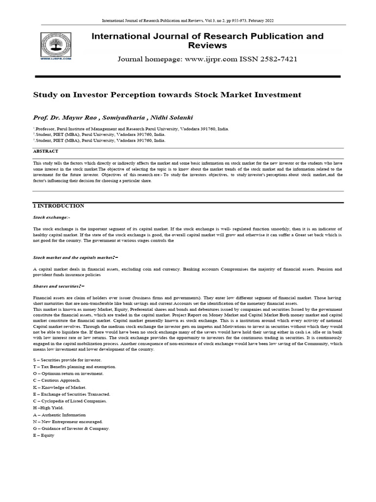 Investor Perception in Stock Markets | PDF | Investing | Stocks