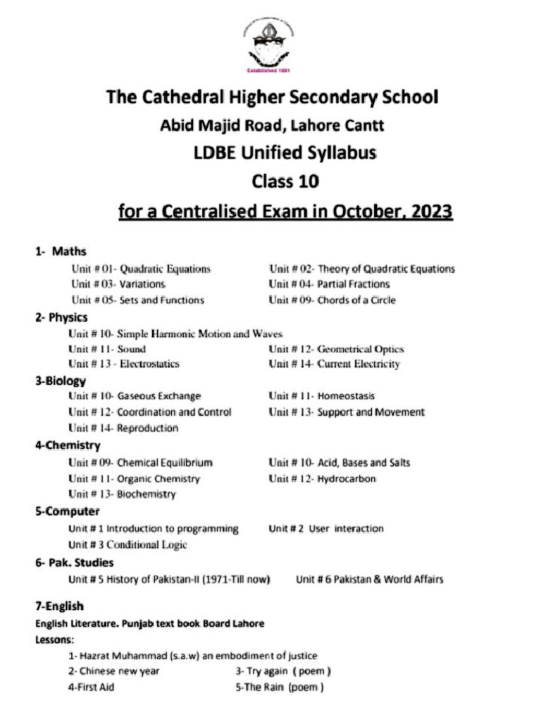 Unified Syllabus Class 10 | PDF