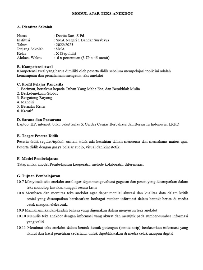 Modul Ajar Teks Anekdot | PDF | Seni | Sains & Matematika