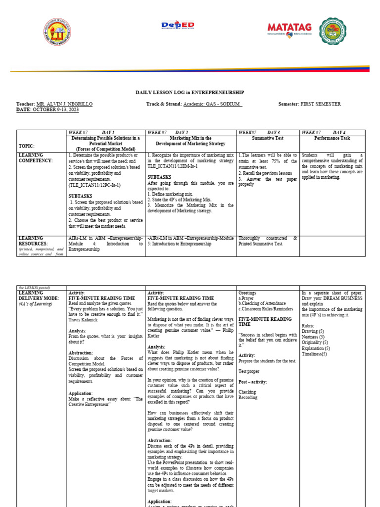 DLL in Entrep WEEK 7 1st Quarter | PDF