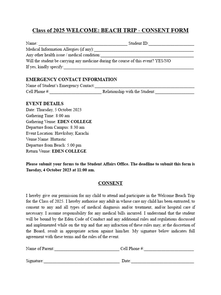 Class of 2025 Beach Trip Consent Form | PDF | Social Science | Self ...